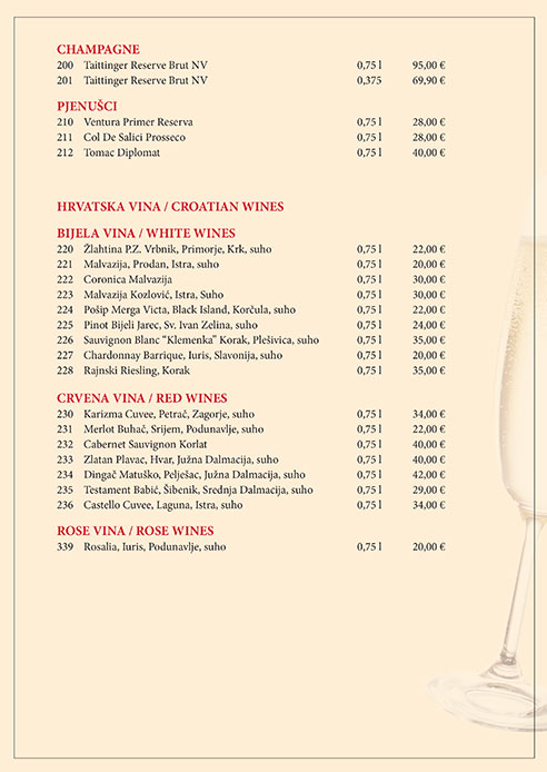 Asia Restoran 2 - Vinska karta